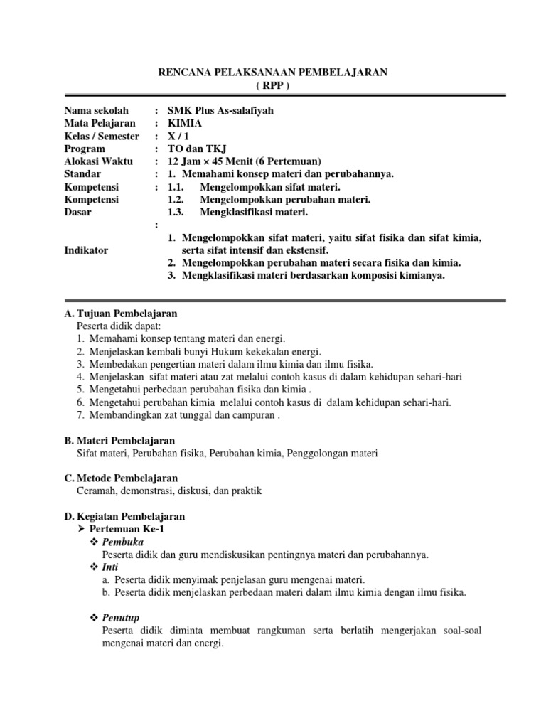RPP Kimia Kelas X: Materi dan Perubahannya | PDF