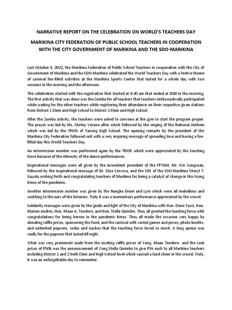 Narrative Report on World Teachers Day | PDF