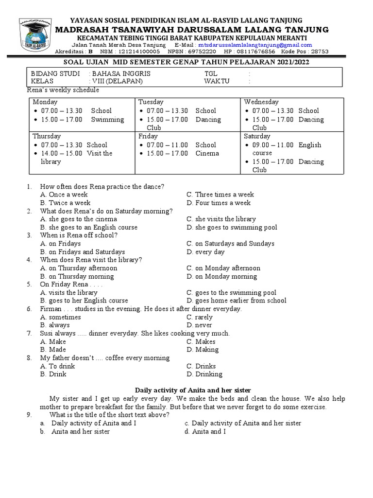 Mid-Semester Exam Questions from Madrasah Darussalam Lalang Tanjung for Eighth Grade English ...