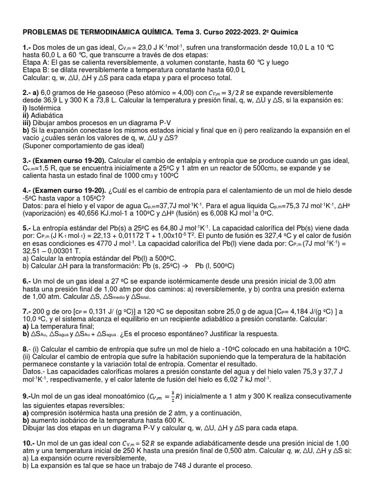 Termo Prob Tema 3 22-23 | PDF | Gases | Capacidad calorífica