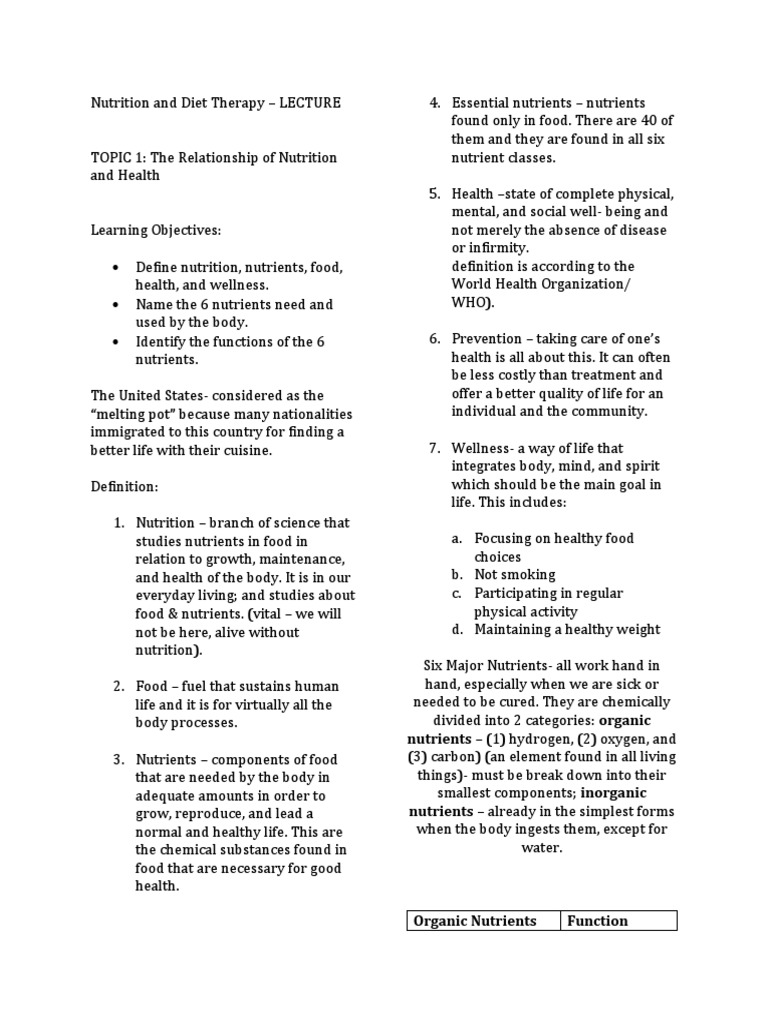 Lecture - Nutrition and Diet Therapy | PDF | Nutrition | Diet & Nutrition