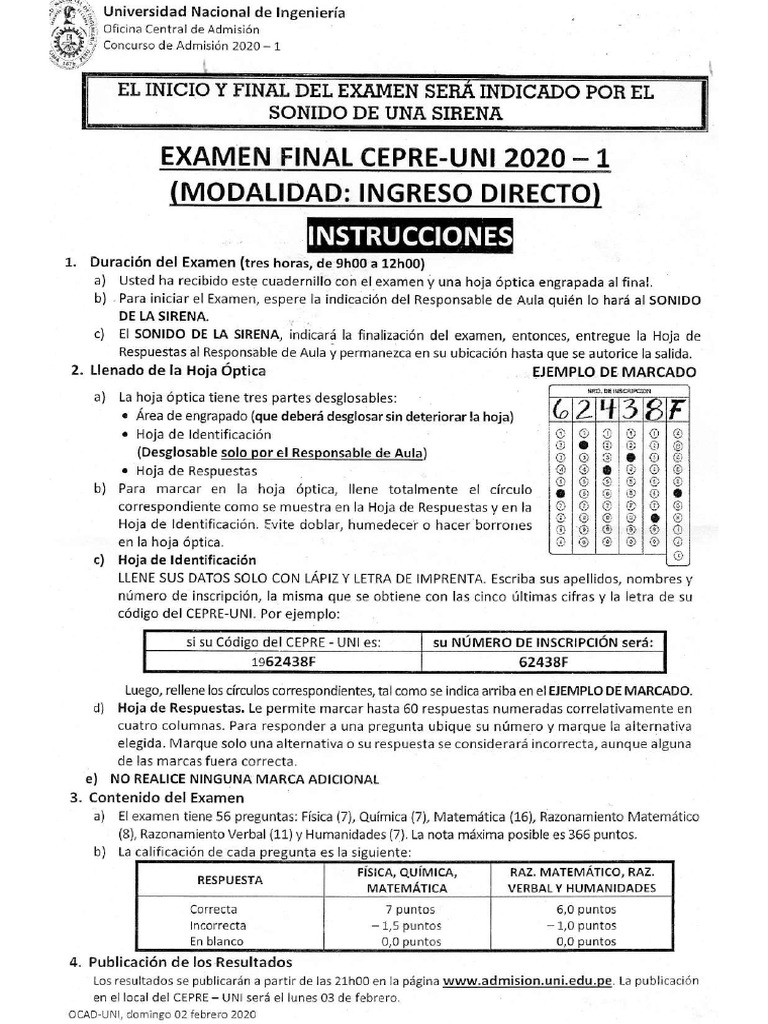 Examen Final Cepre UNI 2020 - I | PDF