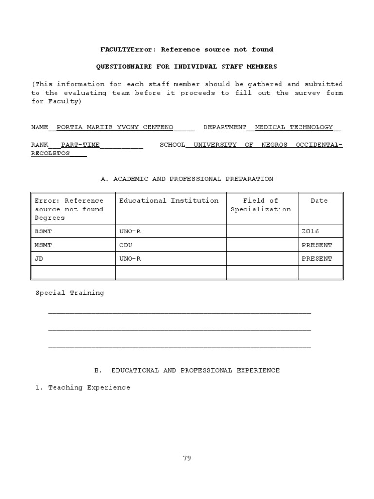 Individual Staff Questionnaire | PDF