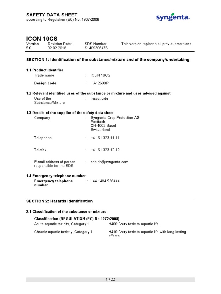 Icon 10 Cs Msds - 2018 | PDF | Toxicity | Dangerous Goods