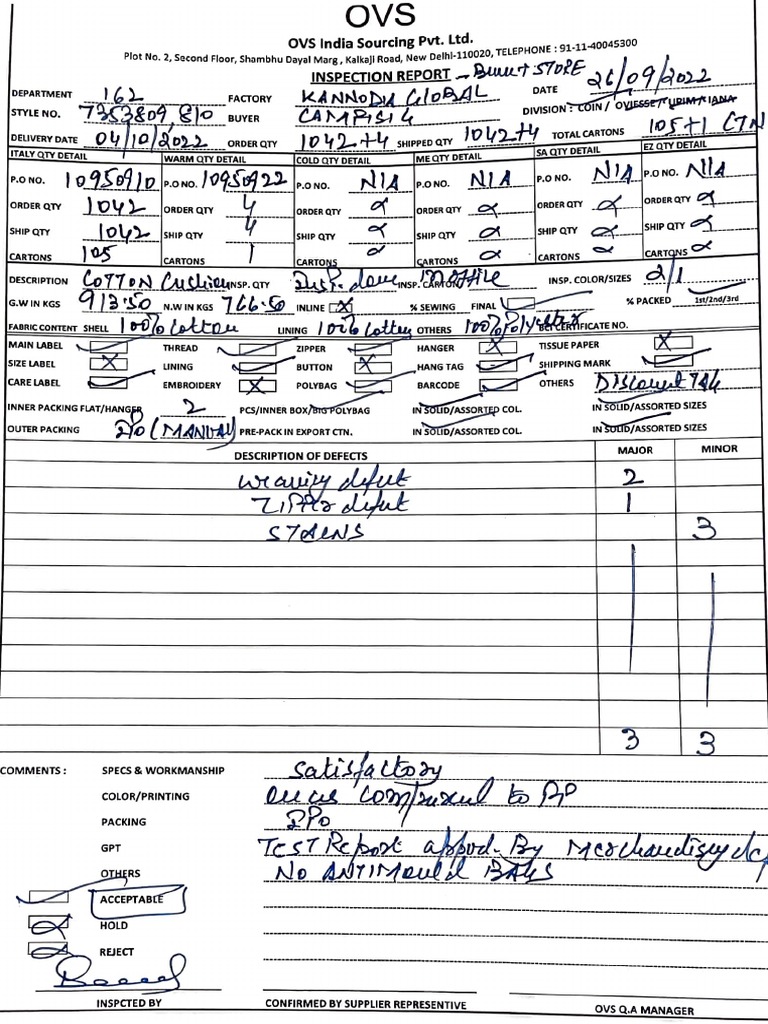 OVS India Sourcing Inspection Report Summary | PDF