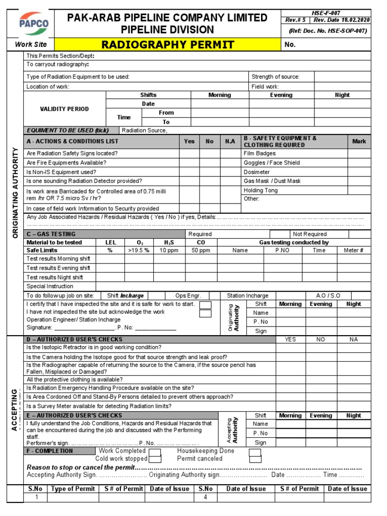 7 - HSE-SOP-007 Radiography Permit Form | PDF | Safety | Occupational ...