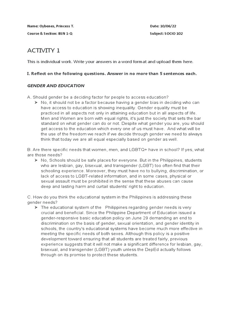 Activity 1 | PDF | Gender | Gender Studies