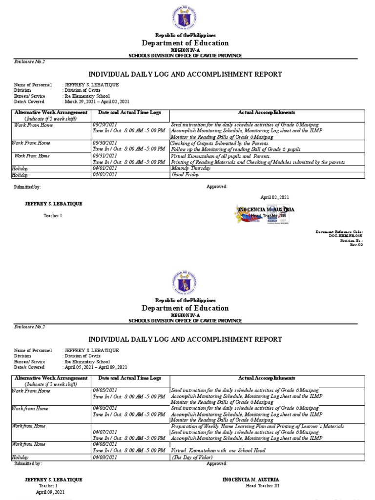 Individual Daily Log and Accomplishment Report | PDF | Teachers | Cognition