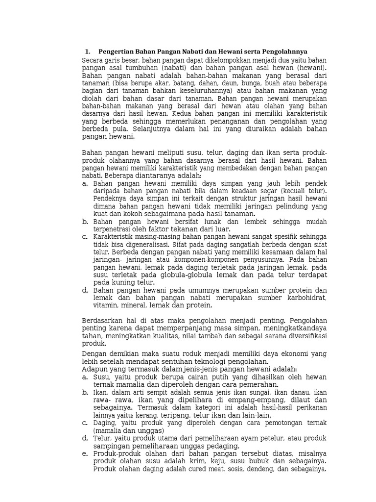 Pengertian Bahan Pangan Nabati Dan Hewani Serta Pengolahnnya | PDF