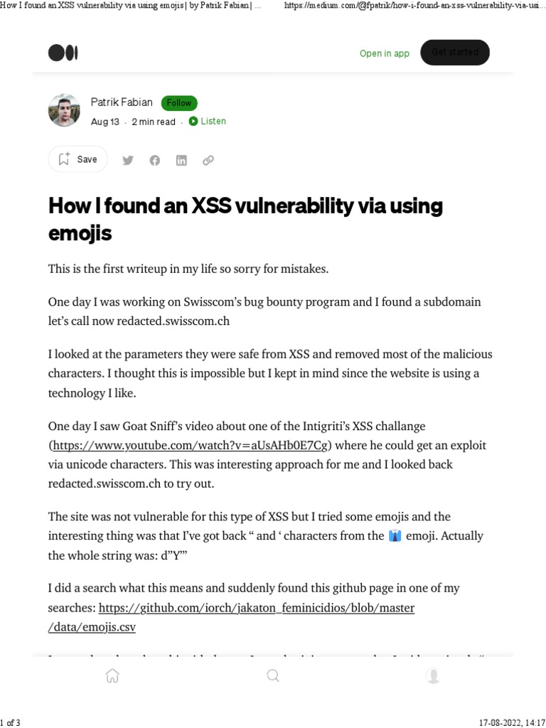 How I Found An XSS Vulnerability Via Using Emojis by Patrik Fabian Aug ... How I Found An XSS Vulnerability Via Using Emojis by Patrik Fabian Aug ...