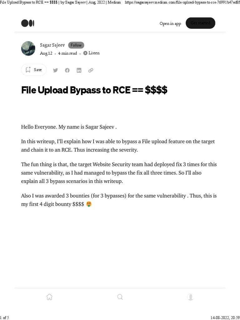 File Upload Bypass To RCE $$$$ by Sagar Sajeev Aug, 2022 Medium | PDF | Php | Computer File