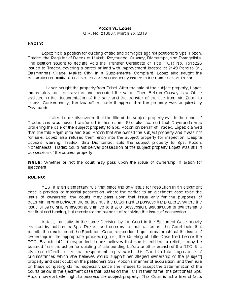 Pozon vs. Lopez: Quieting Title Case Analysis | PDF