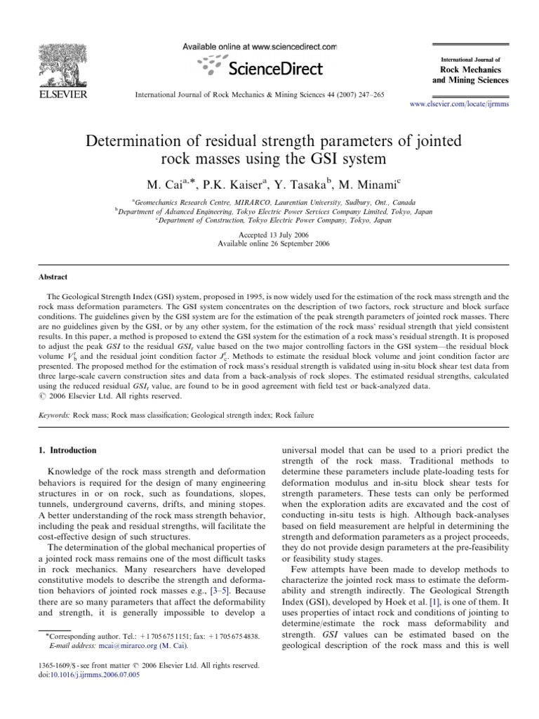 Cai Et Al - 2006 - Determination of Residual Strength Parameters of ... Cai Et Al - 2006 - Determination of Residual Strength Parameters of ...