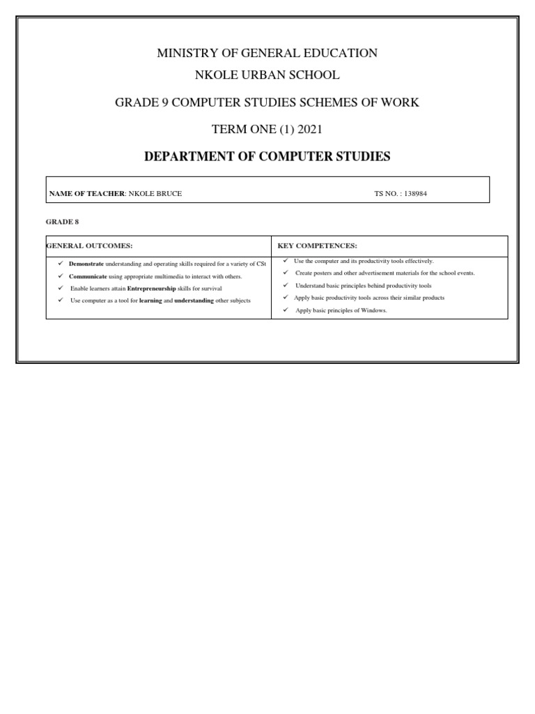Computer Studies Schemes G9 Term 1 - 2021 | PDF | Spreadsheet | World ...