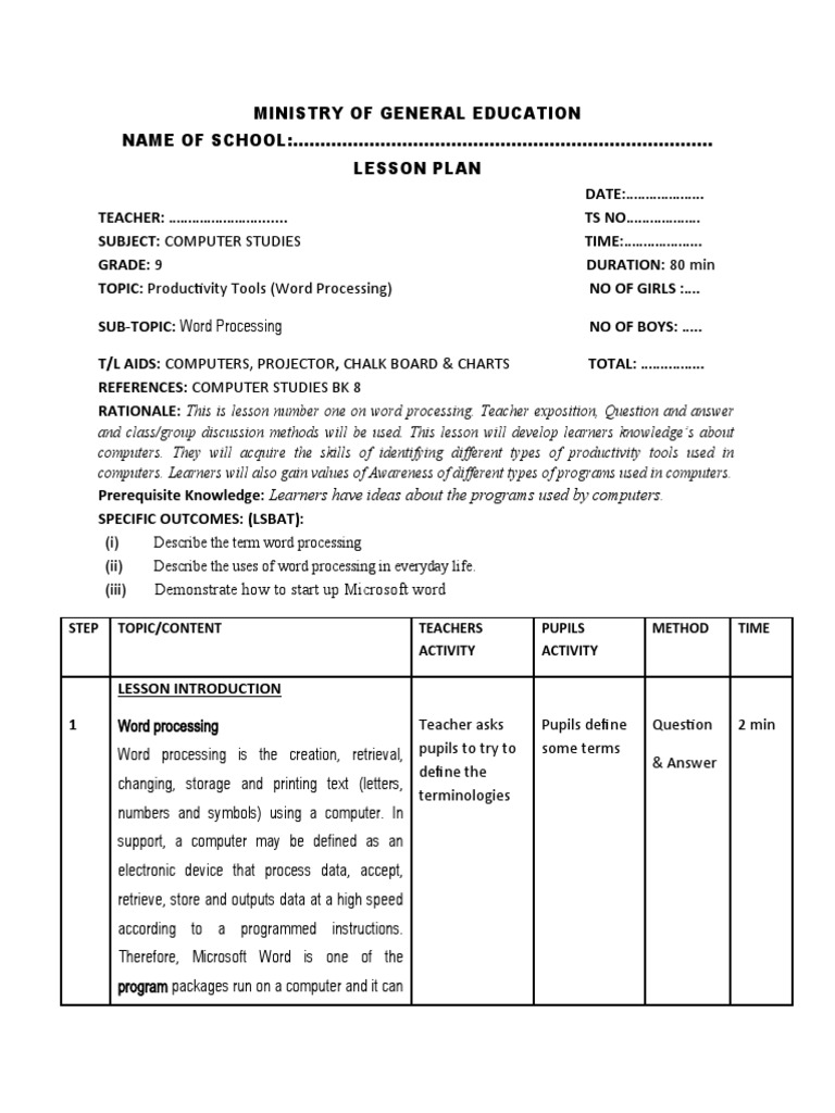 Lesson Plans G9 Computer Studies | PDF | Spreadsheet | Microsoft Excel