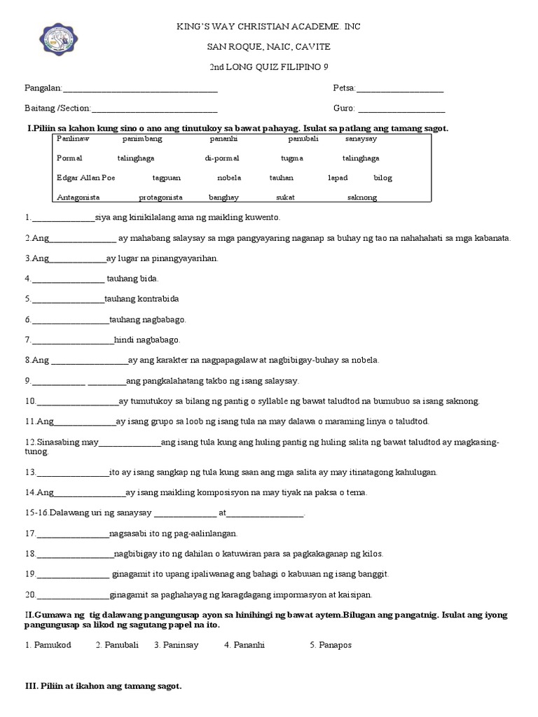 2ND Long Quiz Filipino 9 | PDF