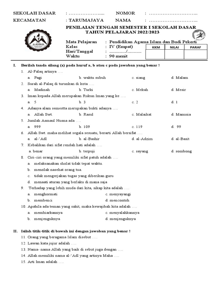 Soal PTS KLS 4 Pai | PDF