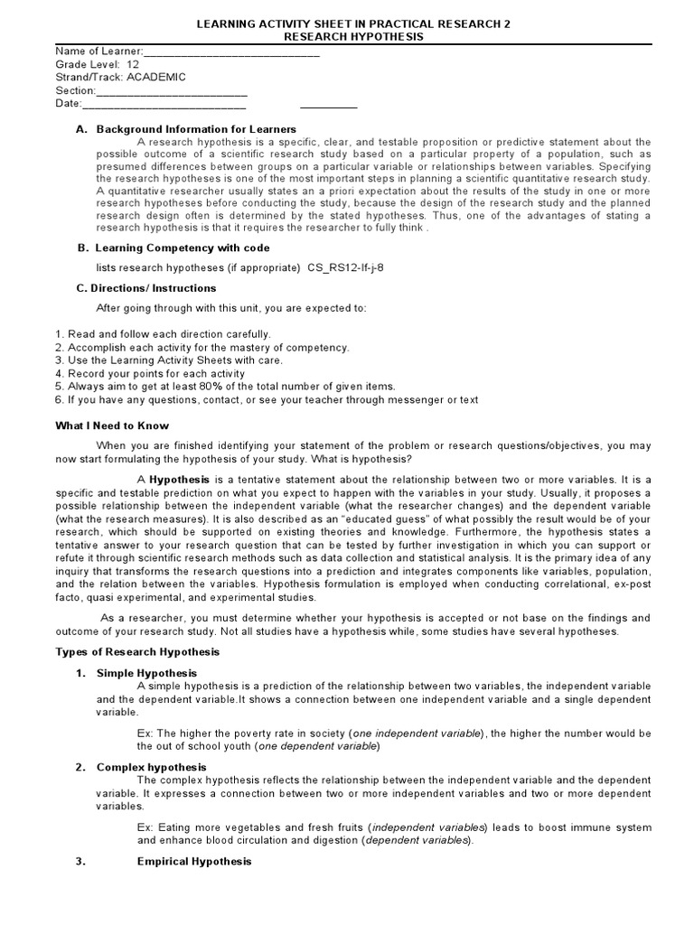 Las Practical Research2 Research Hypothesis | PDF | Hypothesis | Statistics