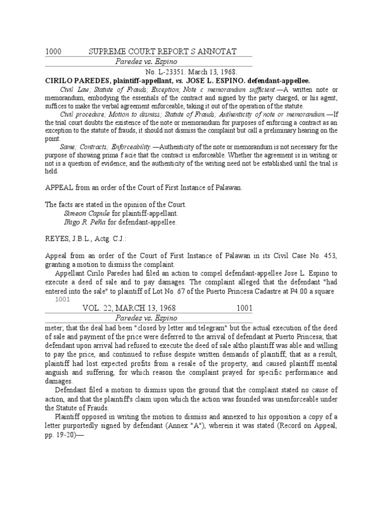 25 Paredes Vs Espino 22 SCRA 1000 1968 | PDF | Complaint | Lawsuit