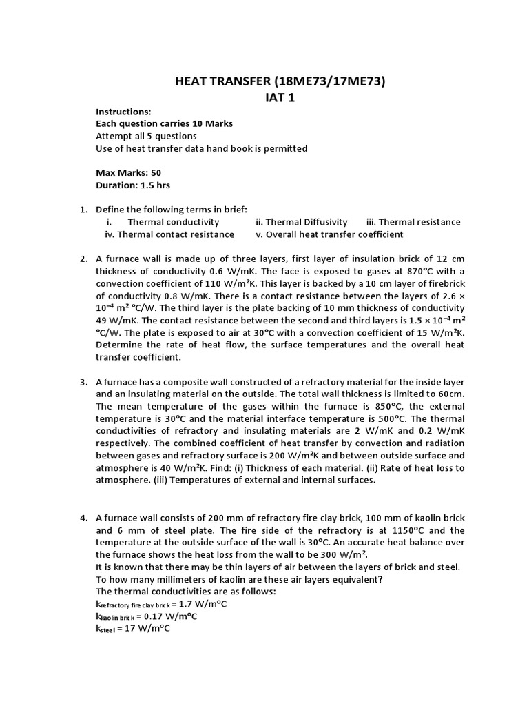 Heat Transfer IAT 1 Exam Paper | PDF | Heat Transfer | Thermal Conductivity