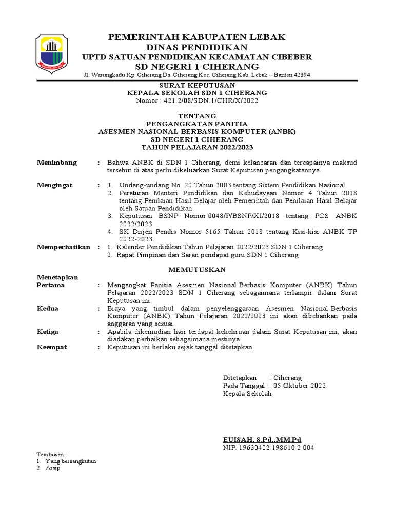 CONTOH SK Panitia Dan Pengawas ANBK 2021 | PDF