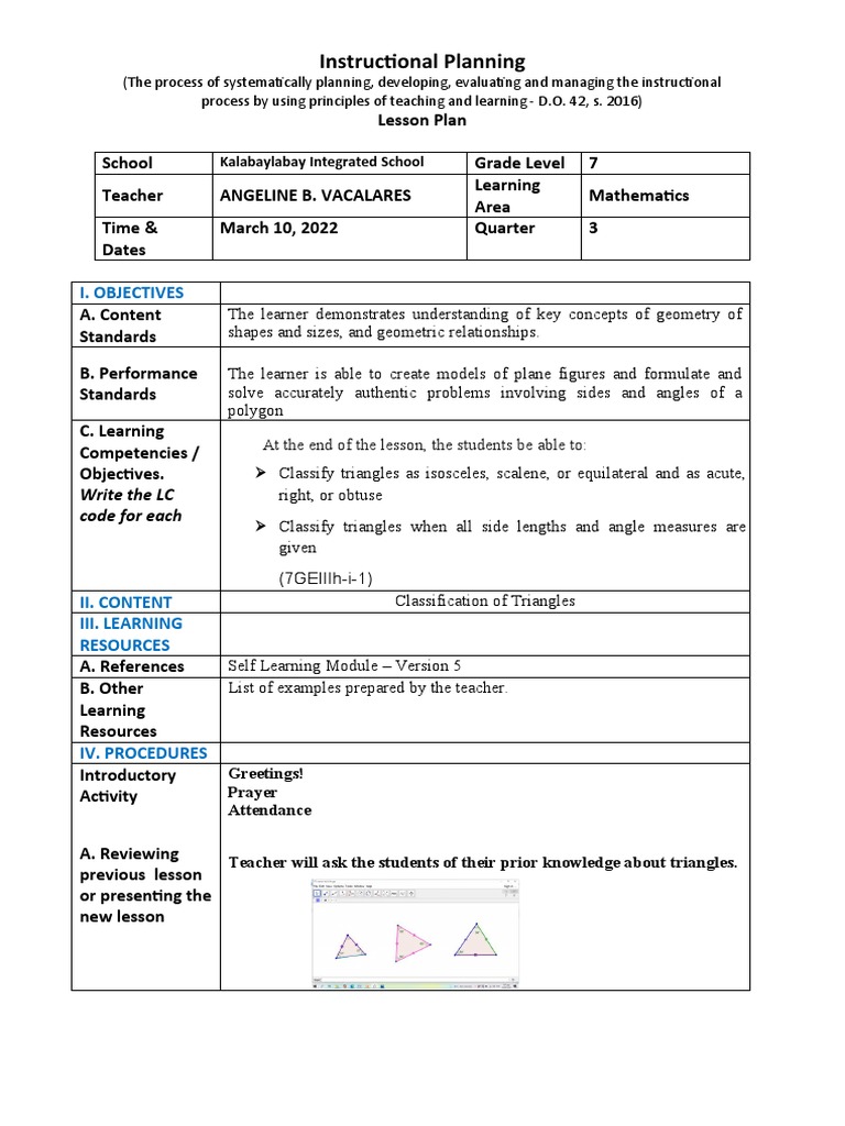 Lesson Plan in Mathematics 7 | PDF | Triangle | Learning