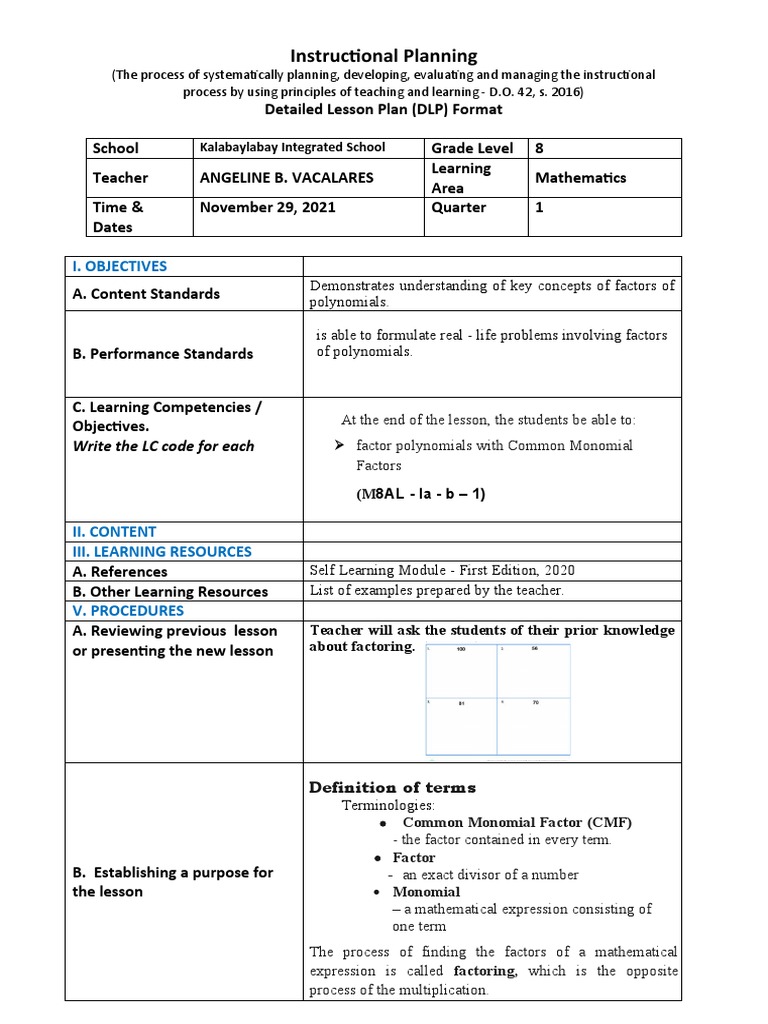 Grade 8 Factorization Lesson Plan | PDF | Factorization | Lesson Plan