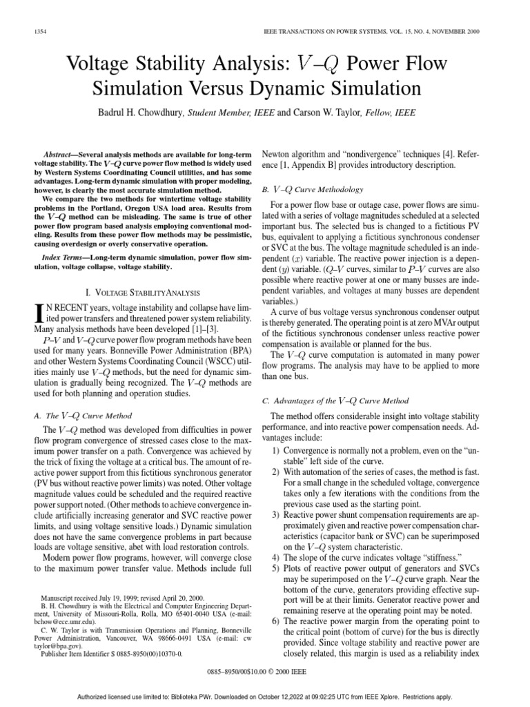 Voltage Stability Analysis V-Q Power Flow Simulation Versus Dynamic ...