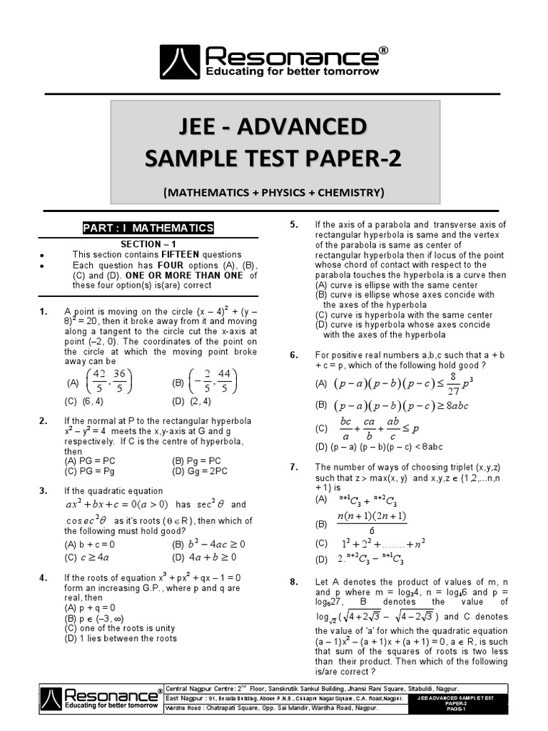 Jee-Advance Sample-Test-Paper-2-Resonance | PDF | Gases | Physical ...