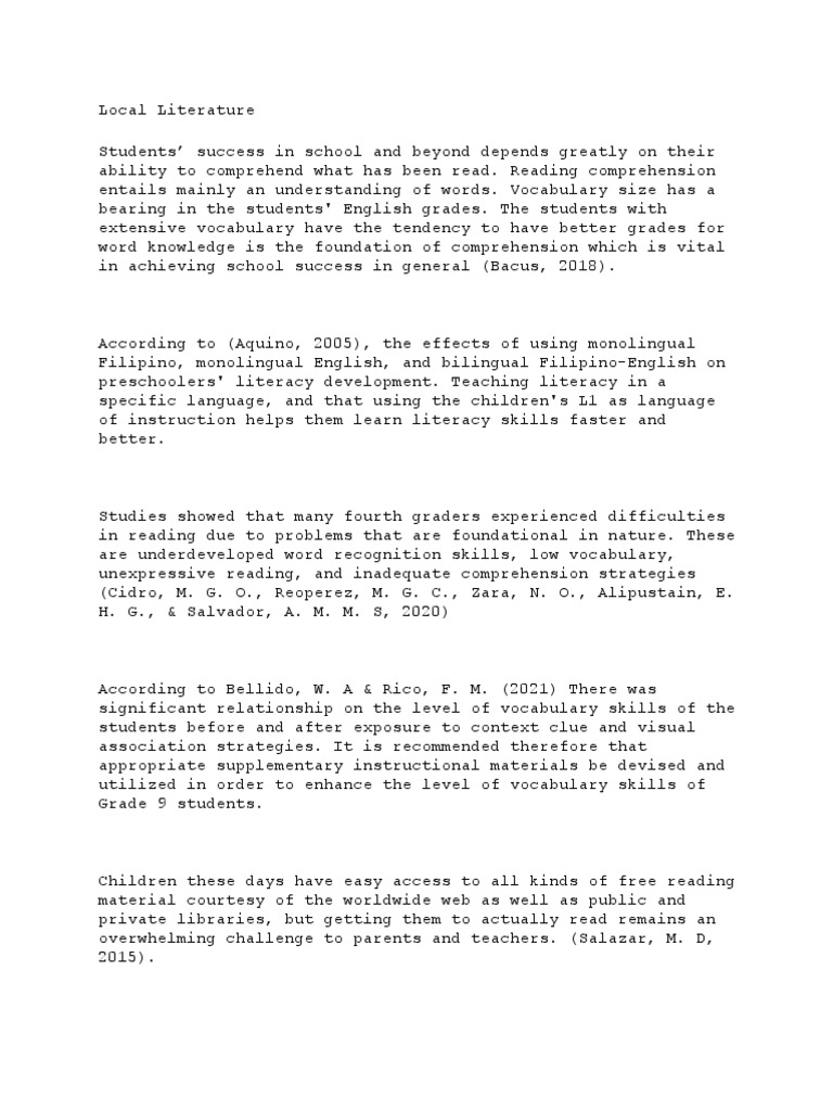 Local Literature | PDF | Reading Comprehension | Vocabulary