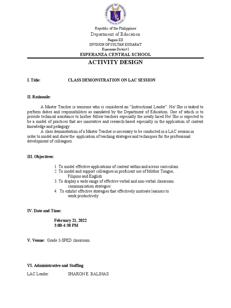 ACTIVITY DESIGN On COT DEMONSTRATION | PDF | Teachers | Learning