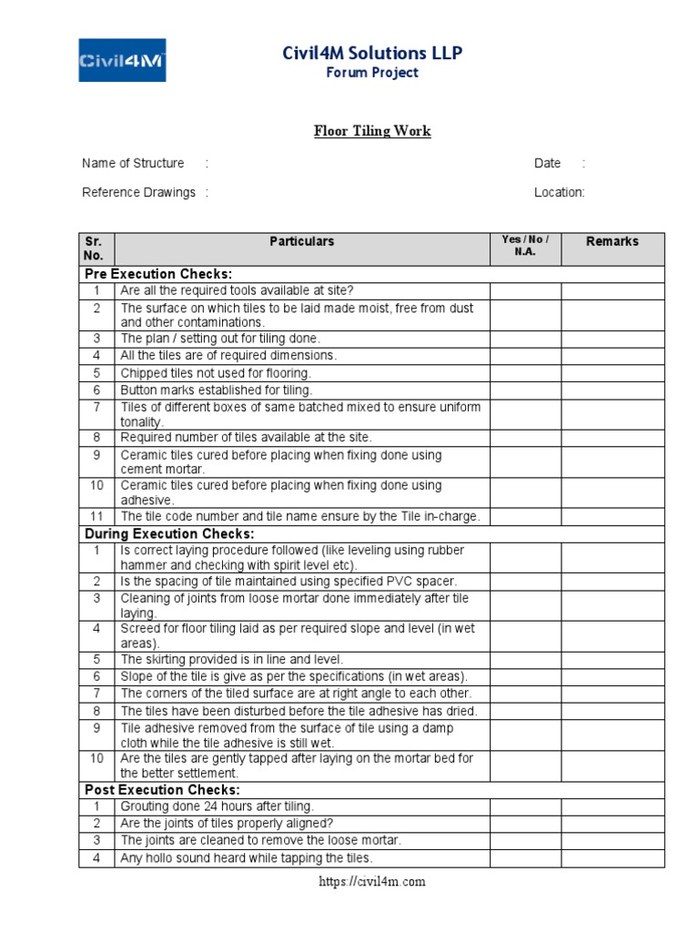C4M Floor Tiling Work Checklist | PDF | Tile | Flooring