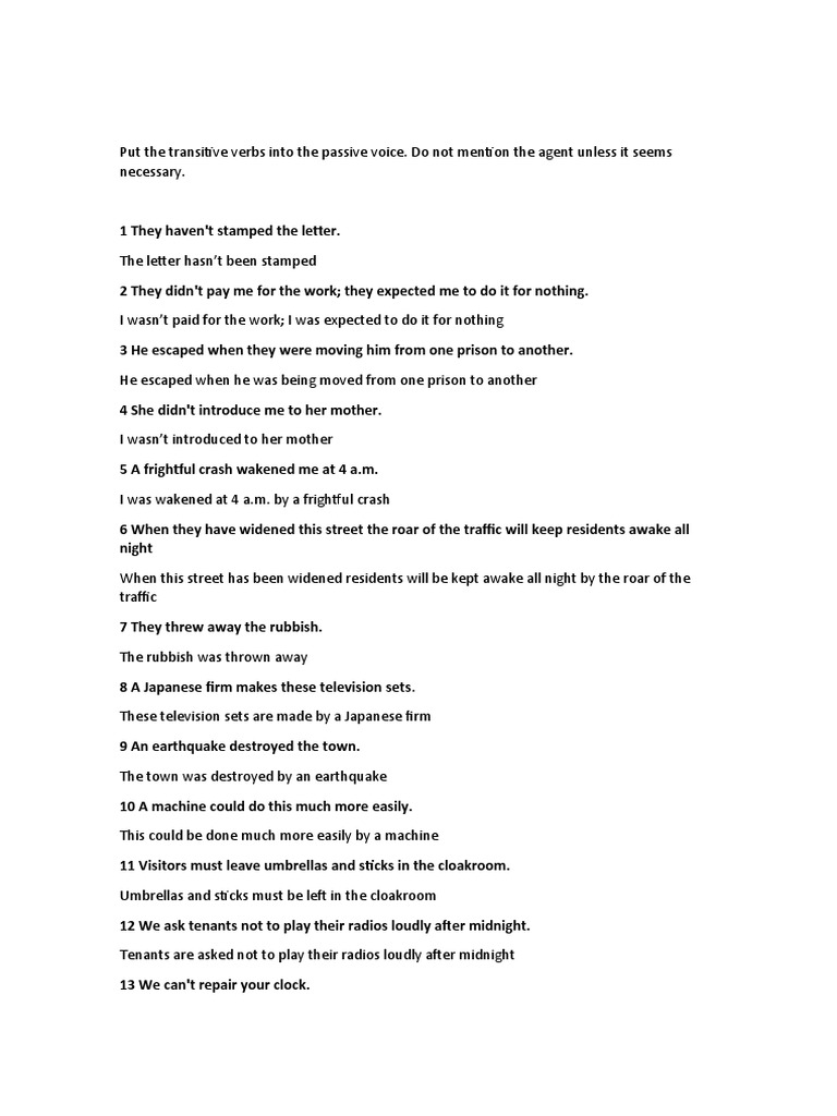 Put The Transitive Verbs Into The Passive Voice | PDF