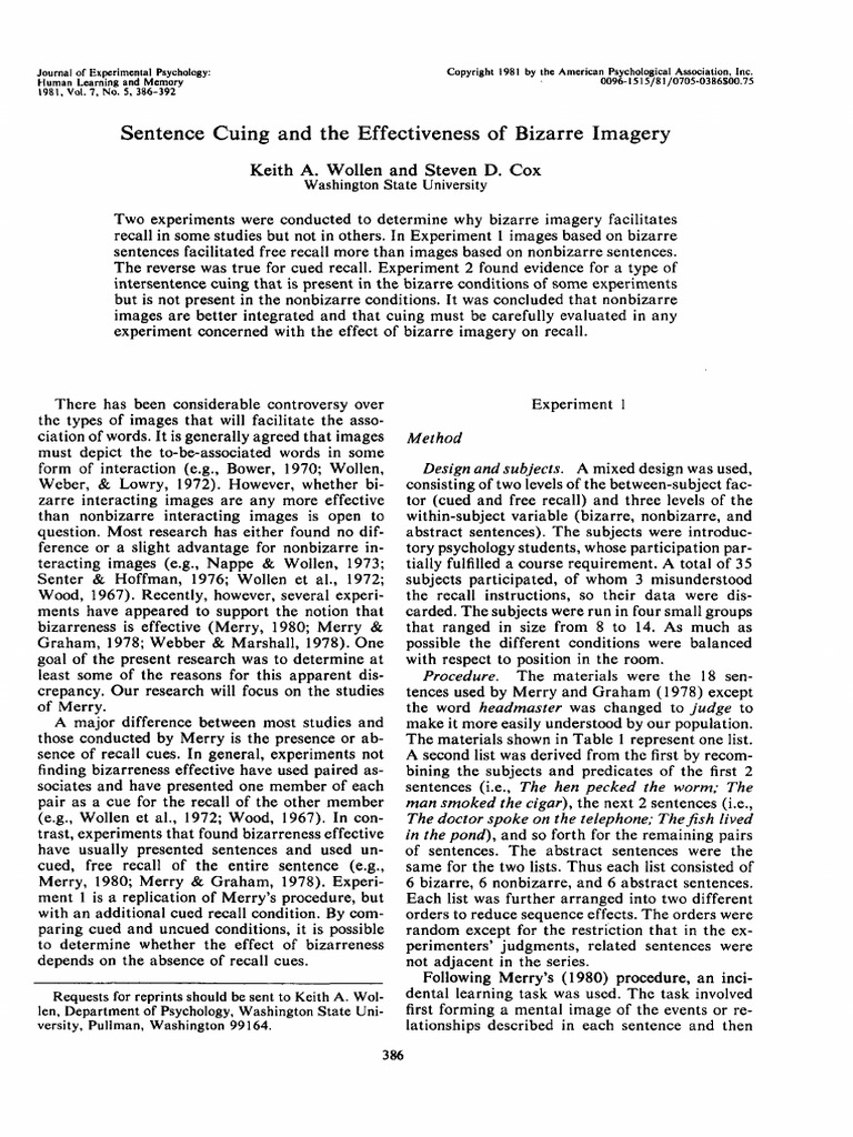 Sentence Cueing | PDF | Recall (Memory) | Experiment