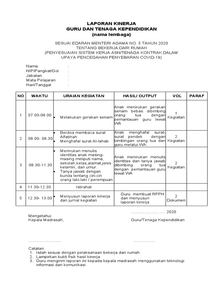 Contoh Format Laporan Kinerja Guru Se 5 2020 | PDF