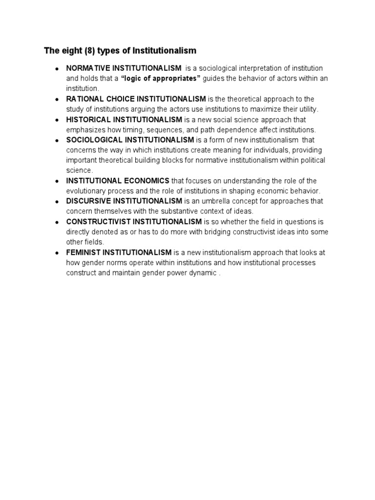 The Eight Types of Institutionalism | PDF