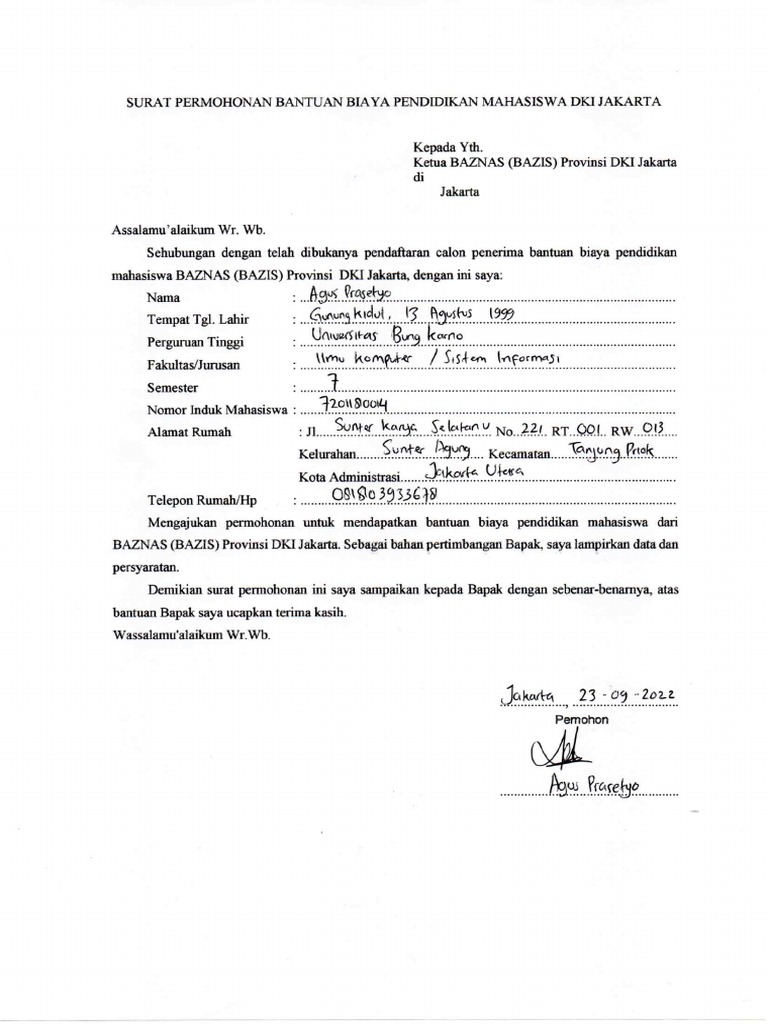 Surat Permohonan Bantuan Biaya | PDF