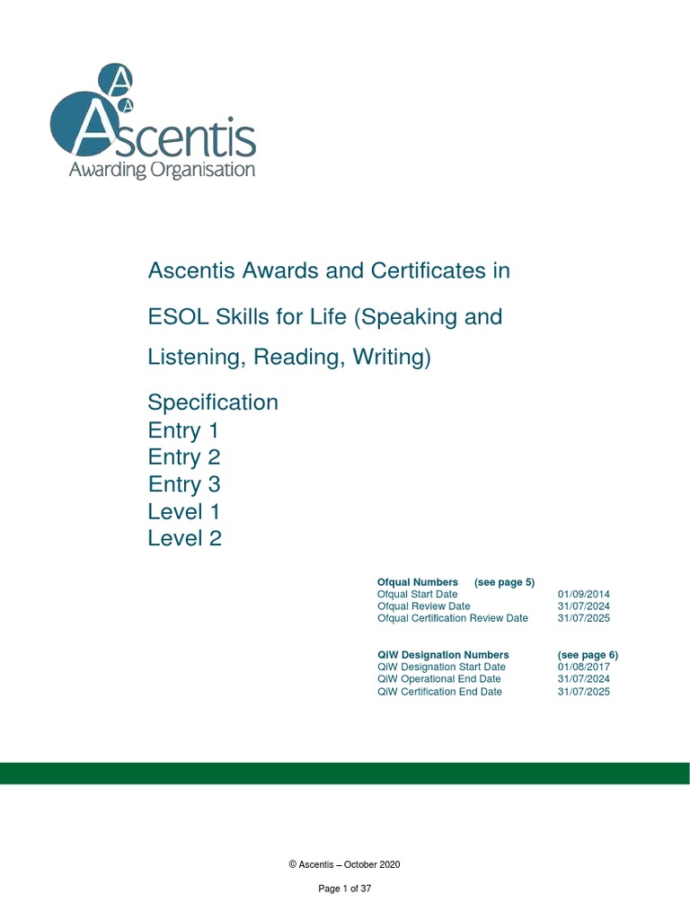 ESOL Skills For Life Spec | PDF | English As A Second Or Foreign ...