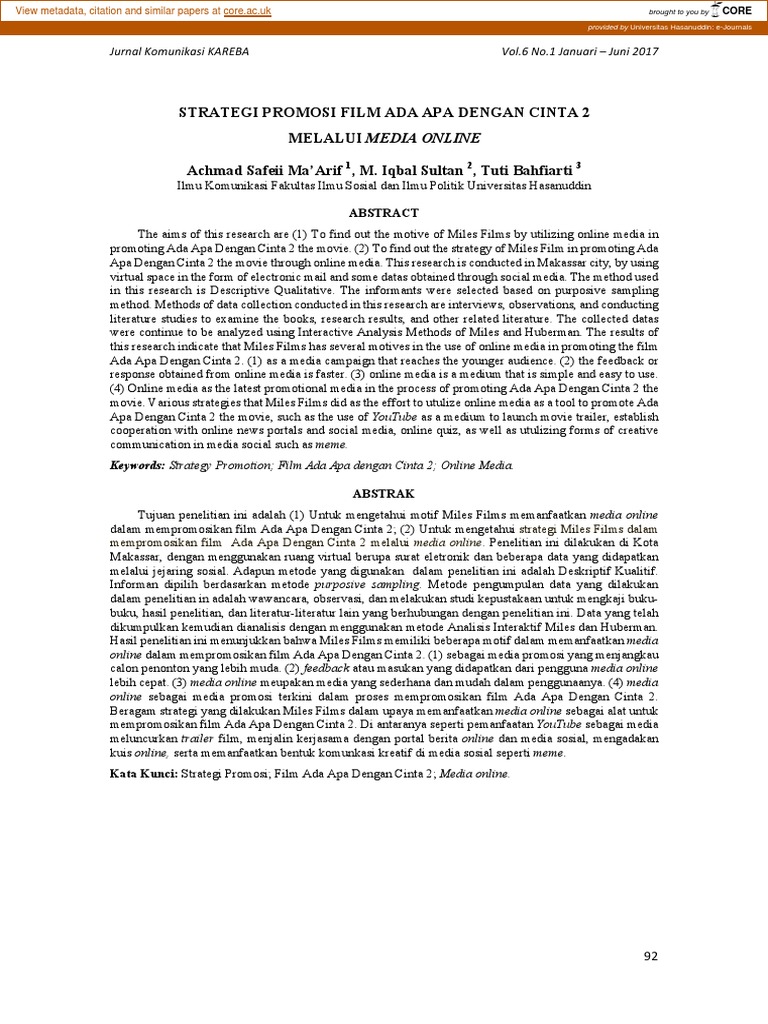 Strategi Promosi Film Ada Apa Dengan Cinta 2 Melalui Media Online Achmad Safeii Ma'Arif, M ...