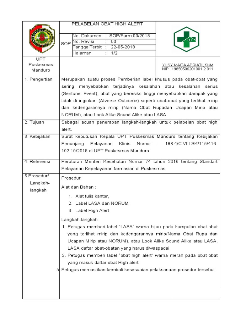 Sop Pelabelan Obat High Alert | PDF