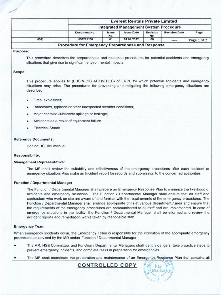 Procedure of Emergency Preparedness & Response | PDF