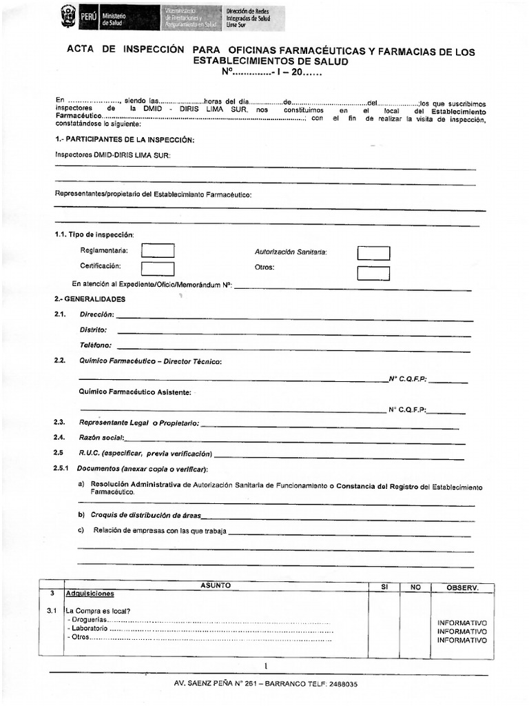 Acta de Inspección para Oficinas Farmaceuticas y Farmacias de Establecimeintos de Salud PDF | PDF