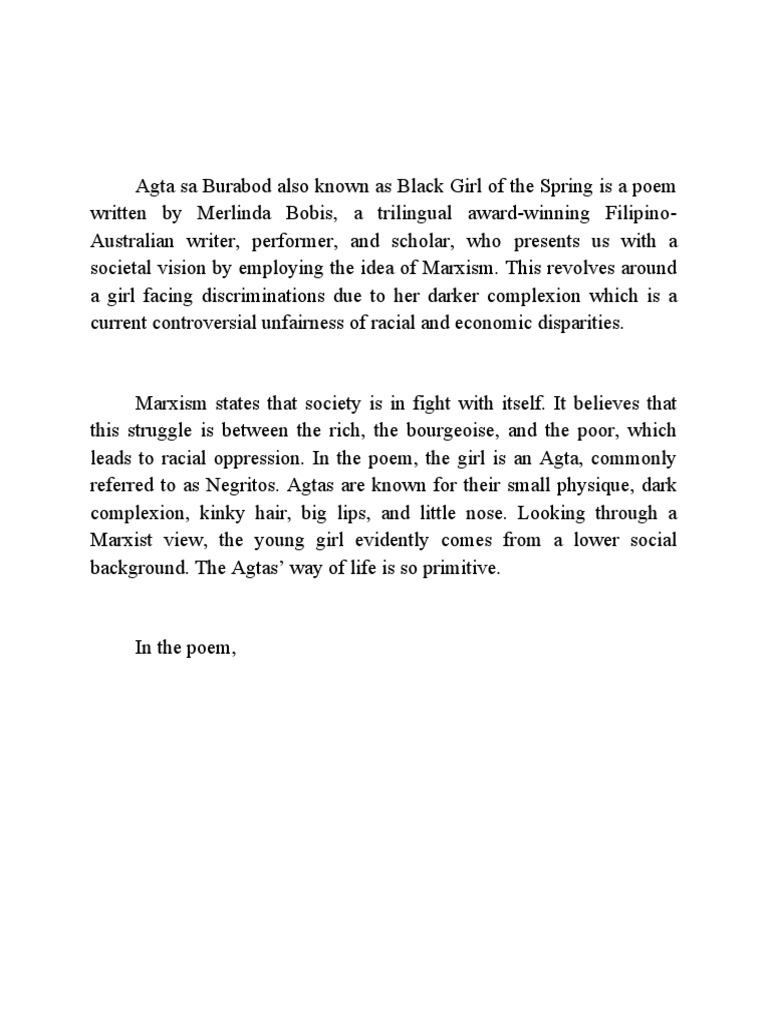 Agta Sa Burabod Also Known As Black Girl of The Spring Is A Poem ...