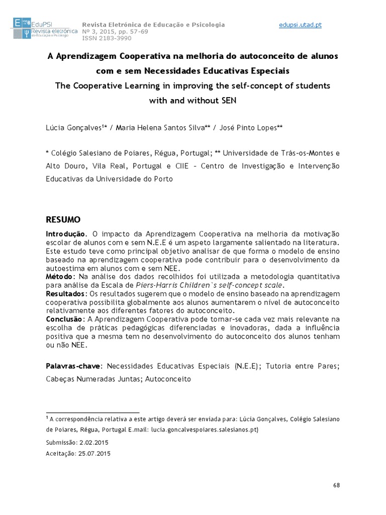 A Aprendizagem Cooperativa Na Melhoria Do Autoconceito de Alunos Com e ...
