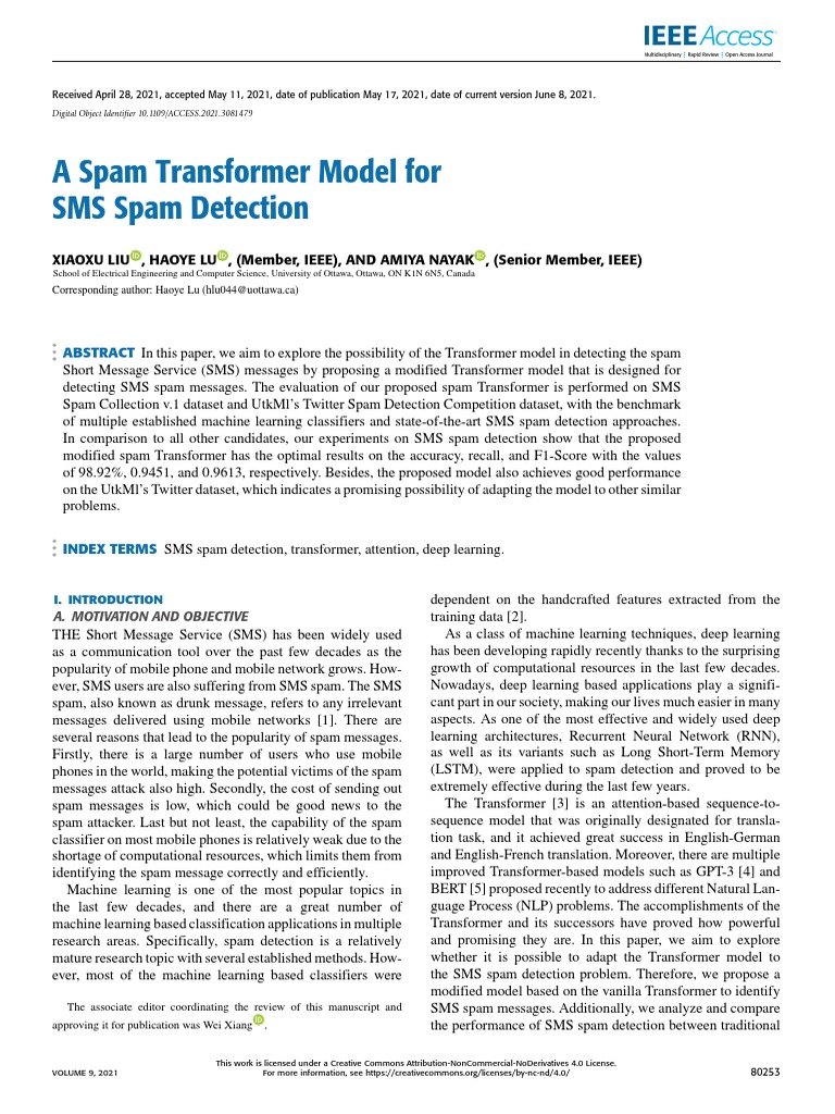A_Spam_Transformer_Model_for_SMS_Spam_Detection | PDF | Machine Learning | Systems Science
