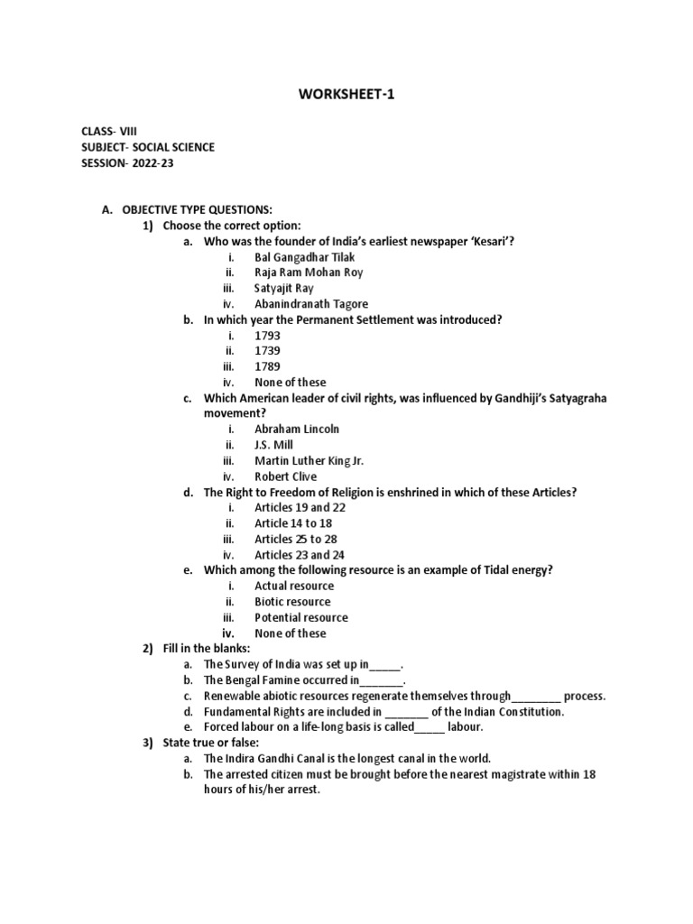 Viii Sst. Worksheet-1 Mid-Term | PDF | British Raj | Resource