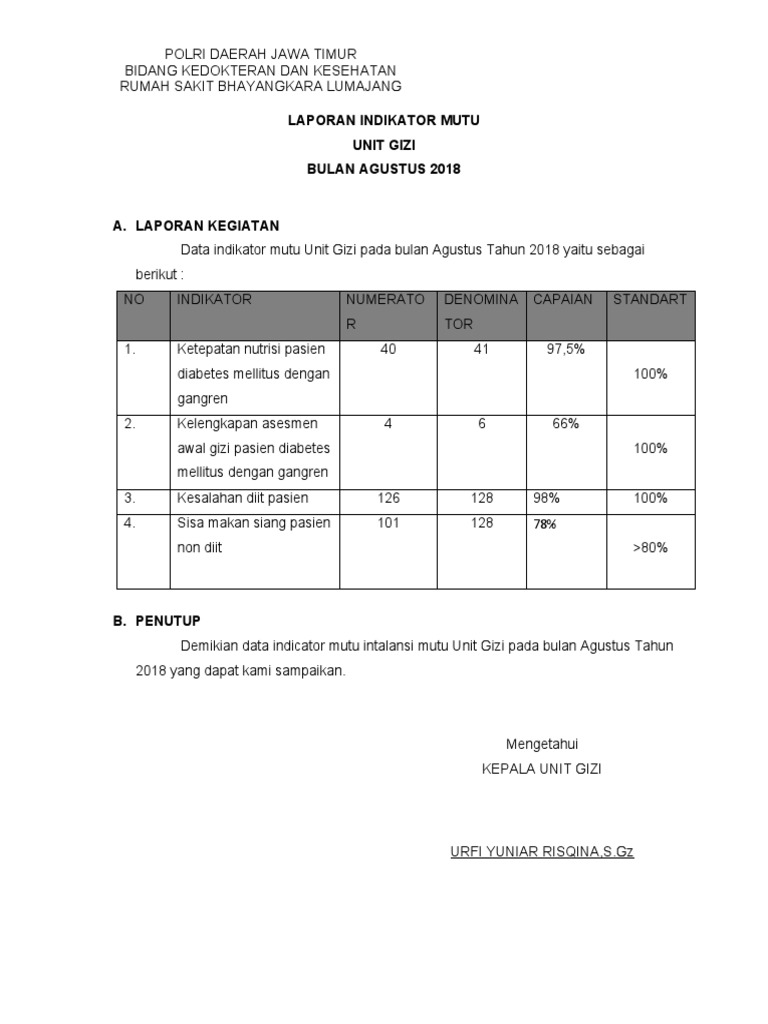 LAPORAN INDIKATOR MUTU Unit Gizi | PDF