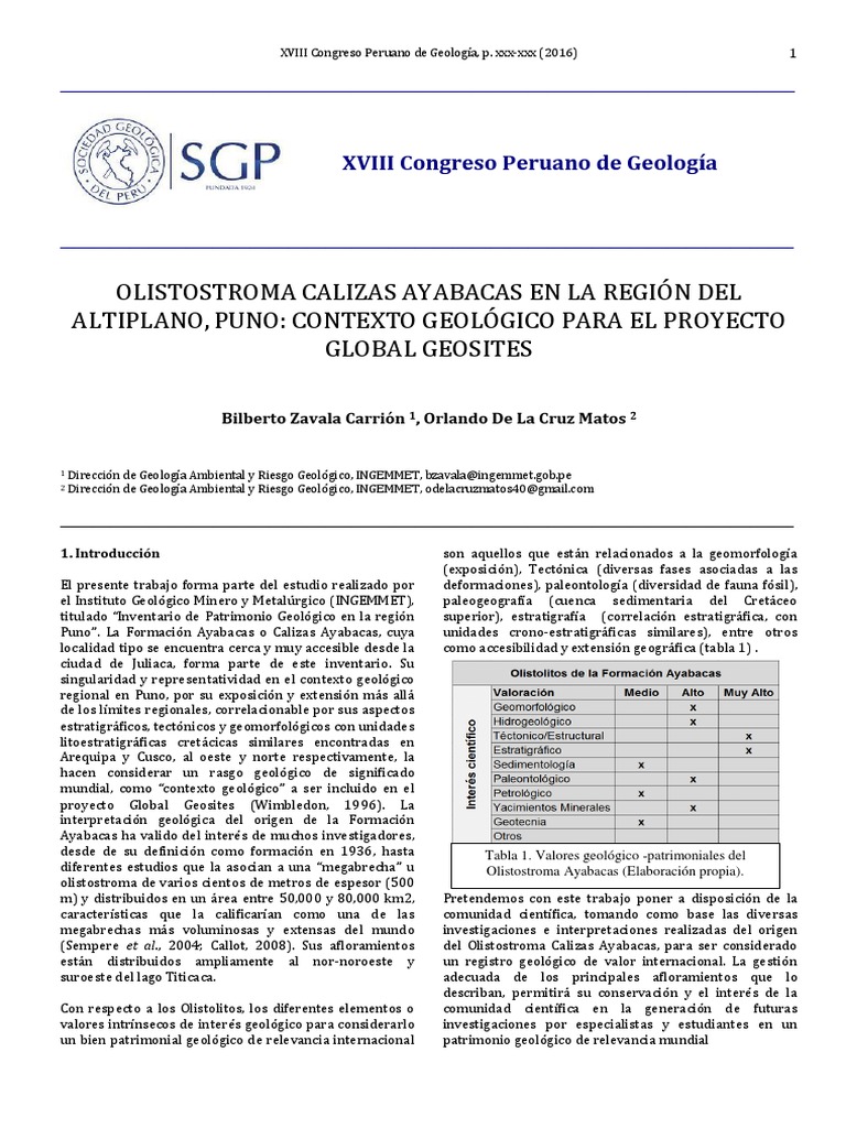 Zavala-Olistostroma Calizas Ayabacas Altiplano Puno | PDF | Perú | Geología