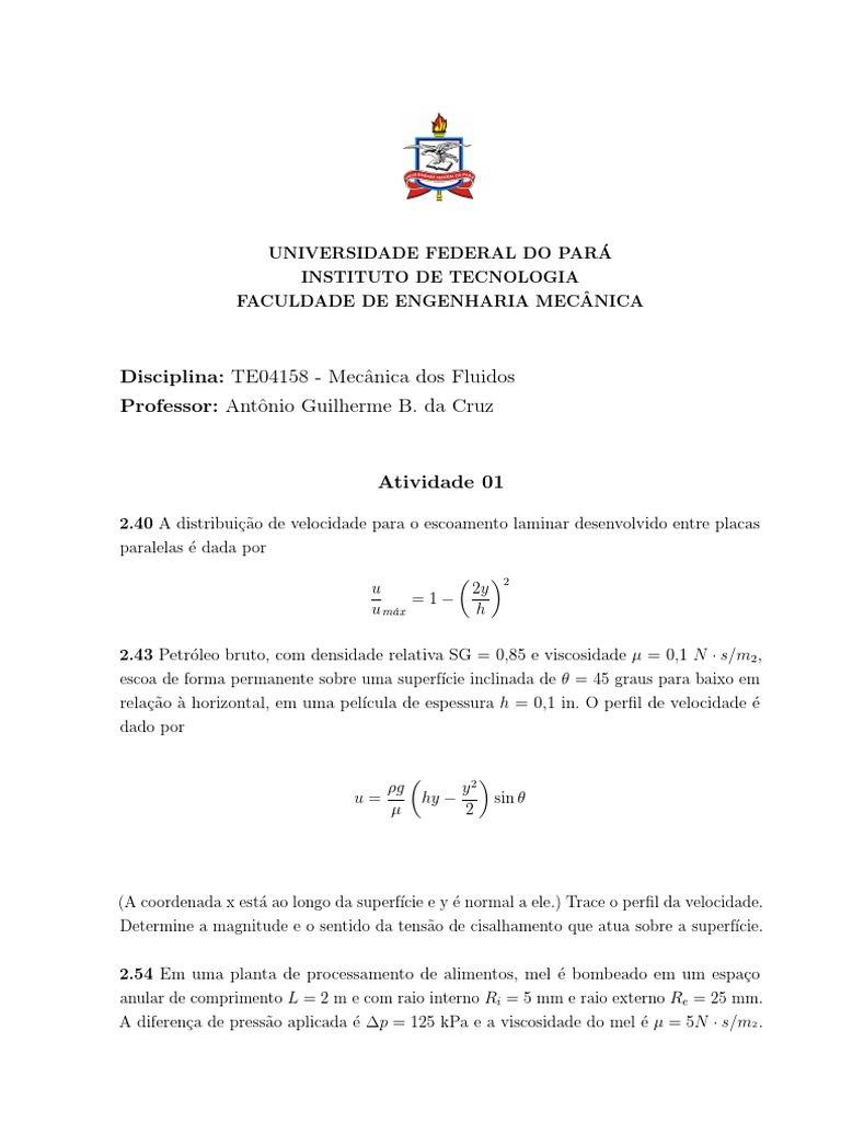 Lista 1 - MecFlu | PDF | Viscosidade | Estresse (Mecânica)