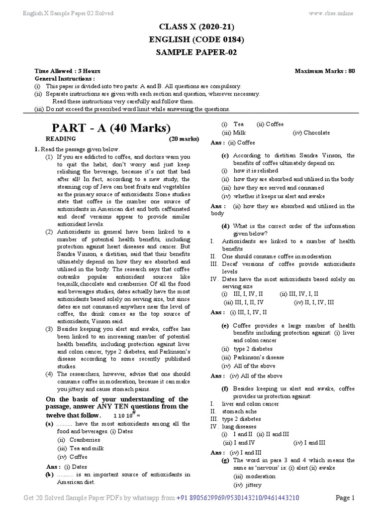 PART - A (40 Marks) : CLASS X (2020-21) English (Code 0184) Sample ...